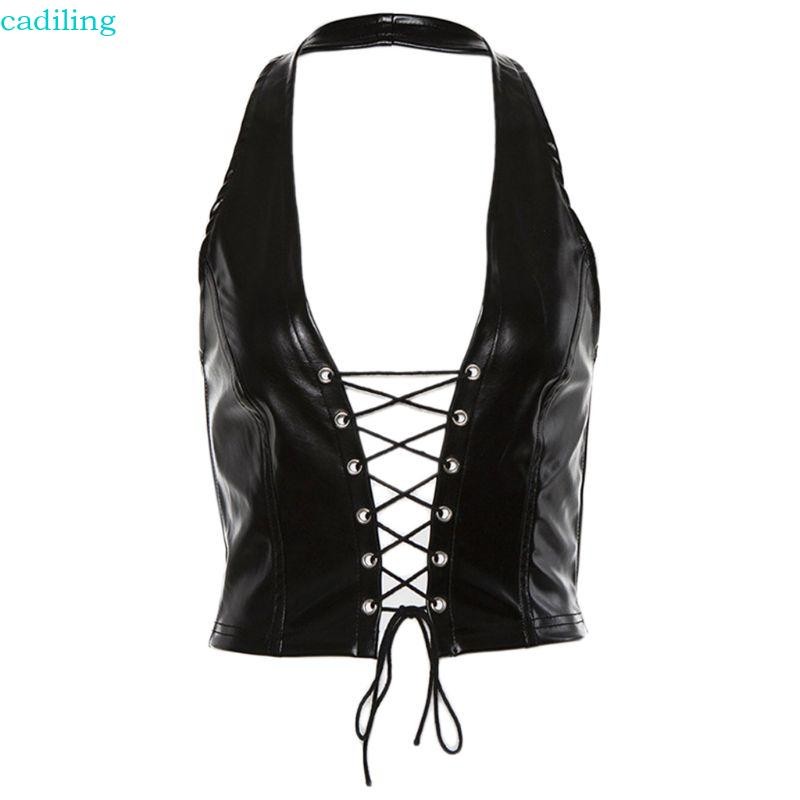 Cailing Nữ Punk Không Tay Crop Top Dây Cổ Chữ V Lưng Rỗng Áo Giả Da Cho ...