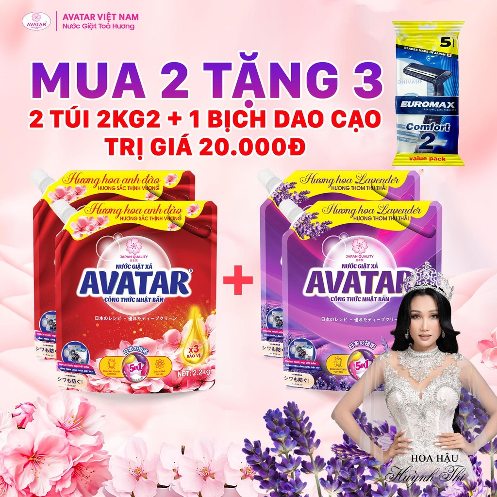(MUA 2 TẶNG 2) Nước giặt xả Avatar 5 in 1 hương hoa anh đào và hương lavender làm sạch sâu, túi ...