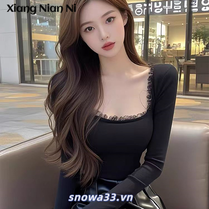 Xiang Nian Ni Velvet Cổ vuông màu đen Slim ren ngắn tay | Shopee Việt Nam