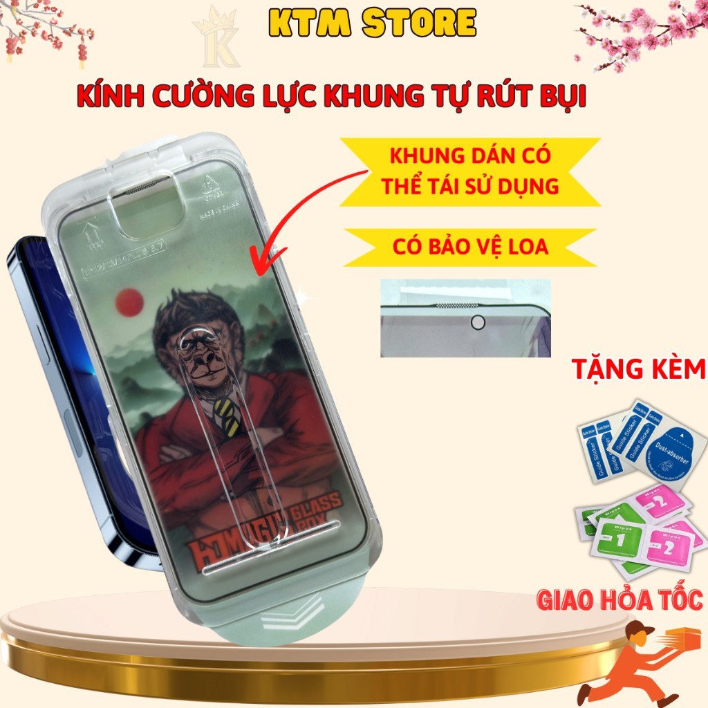 Kính cường lực iphone có khung tự dán KTMSTORE, lấy bụi,viền mỏng ip Full Màn xsmax 12 pro 11 12 ...