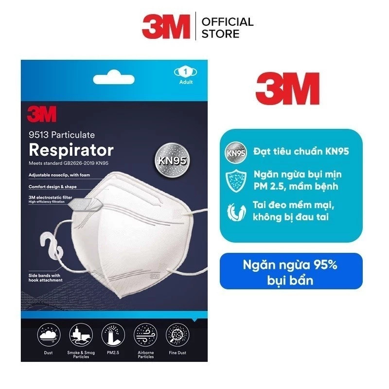 Khẩu trang 3M KN95 kháng khuẩn 9513 (1cái) | Shopee Việt Nam