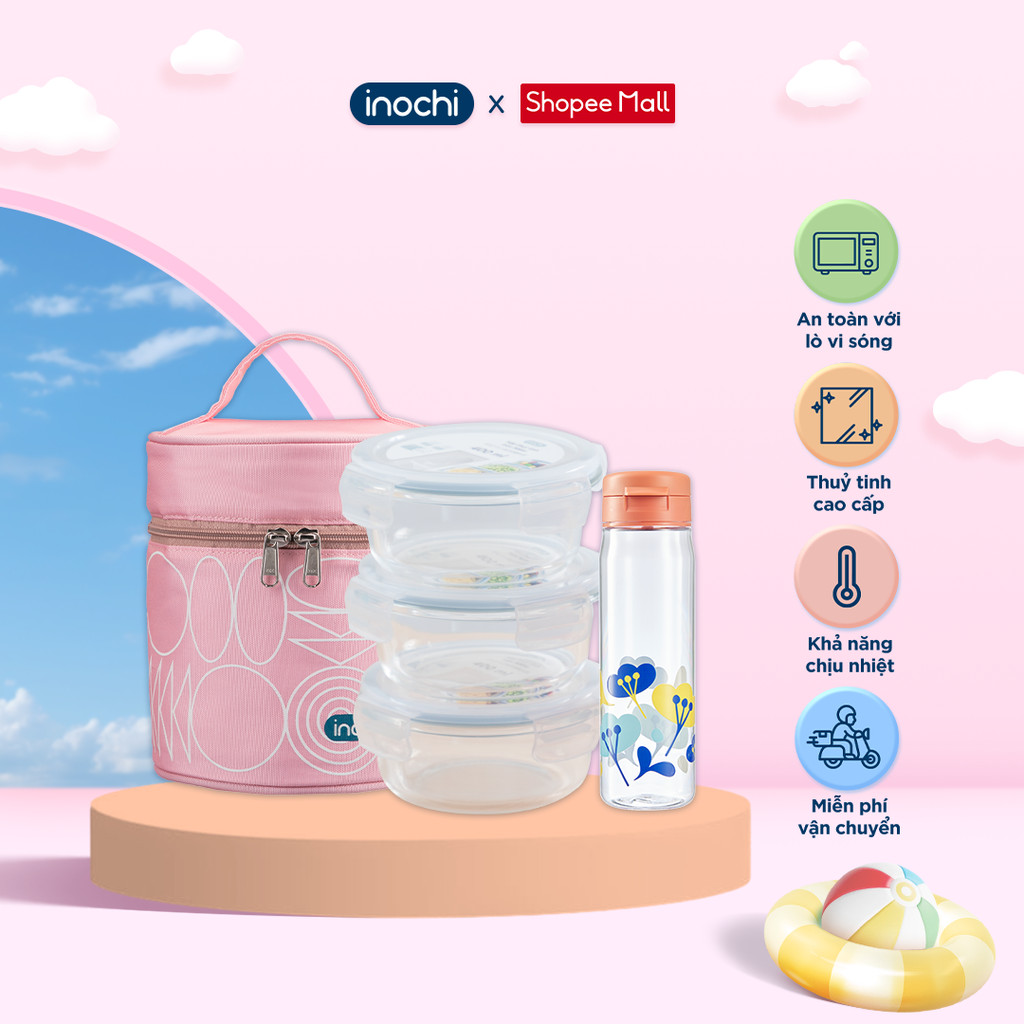 COMBO văn phòng gồm 1 Bình nước Kari 700ml và bộ hộp thuỷ tinh tròn ...