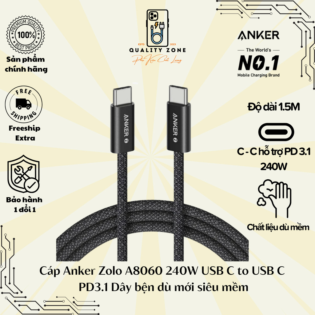 Cáp Anker Zolo A8060 240W USB C to USB C | PD3.1 Dây bọc dù mới siêu mềm | Chiều dài 1.5m ...