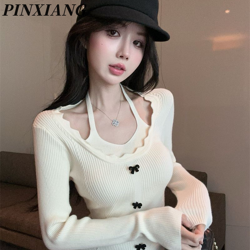 Pinxiang Nữ Dệt Kim Ren Chữ U Cổ Polo Thắt Nút Ngắn Tay Dài Nơ Dệt Kim ...