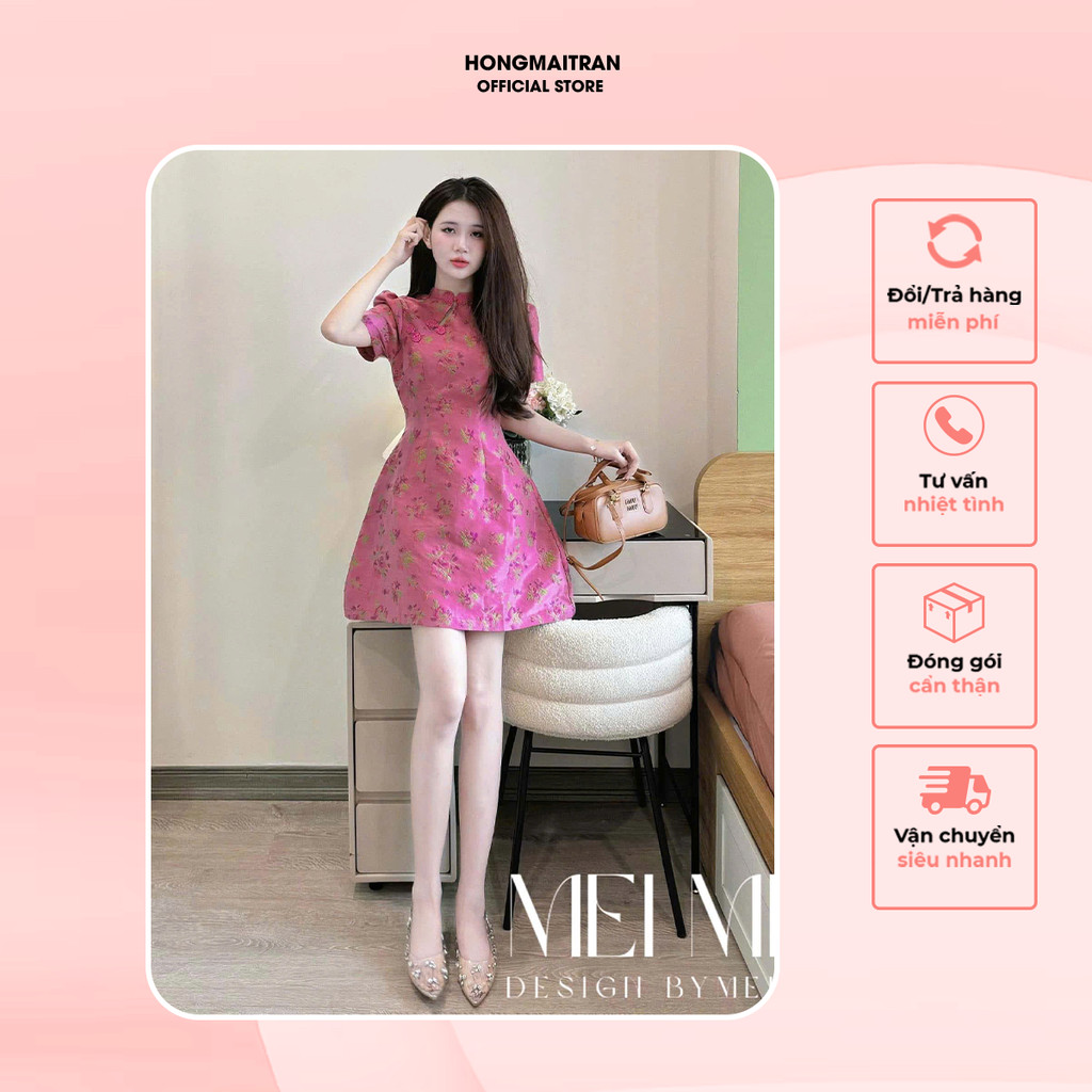 Váy nữ liền dáng ngắn cổ 3 phân màu hồng có tay bồng nhẹ, chiết eo cực dễ thương Hong Mai Tran ...