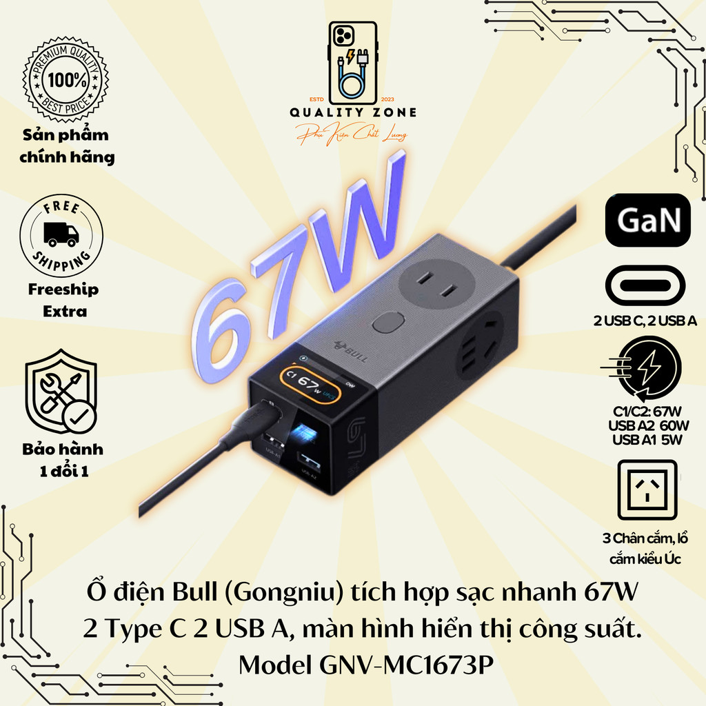 Ổ cắm điện thông mình Bull 67W, màn hình hiển thị công suất, 2 Type C 2 USB A, hỗ trợ sạc nhanh ...