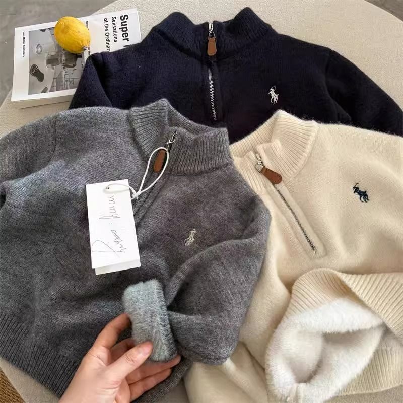 Áo len lót nhung trẻ em áo dệt kim cổ cao nửa thêu cho bé trai bé gái mùa đông áo len dày dặn ...