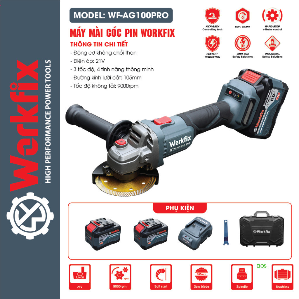 Máy mài pin WORKFIX WF-AG100PRO, Không chổi than, Công tắc lưng, 3 Tốc ...