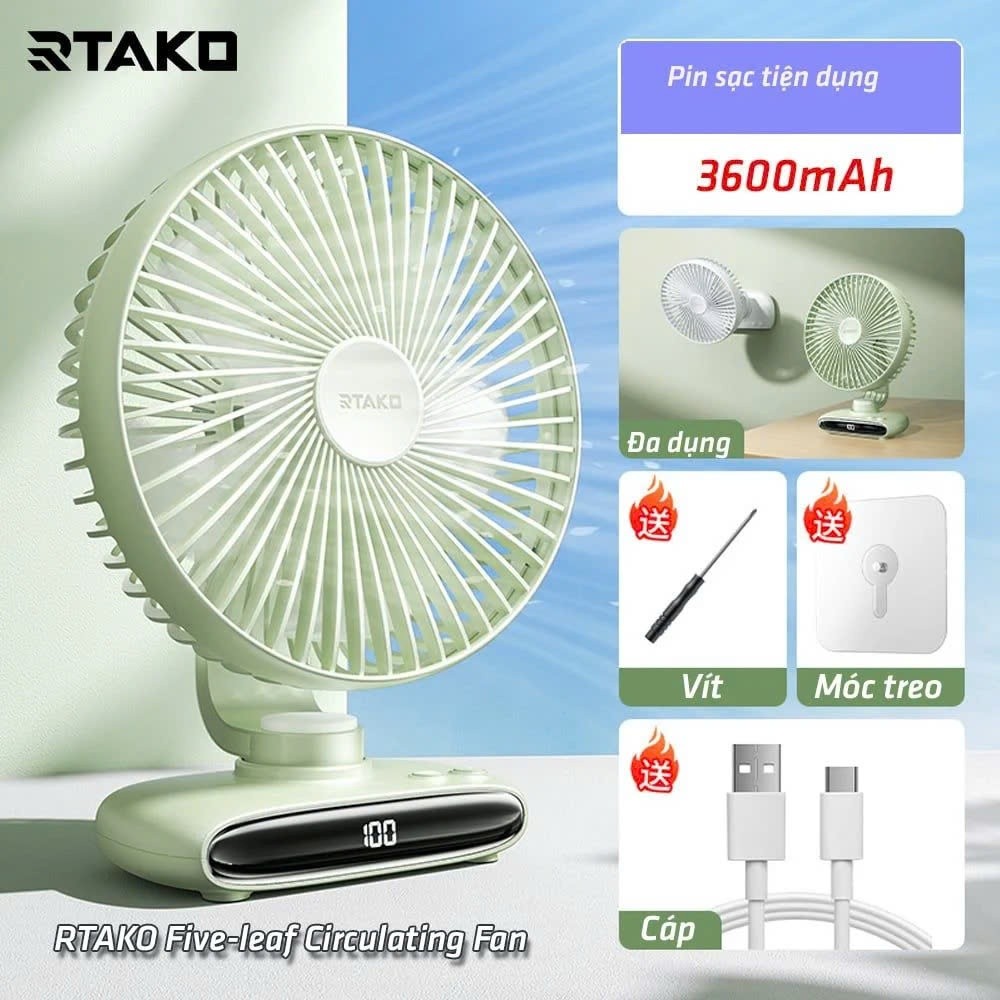 Quạt tích điện để bàn RTAKO Five-leaf Soft Fan 3600mAh | Shopee Việt Nam