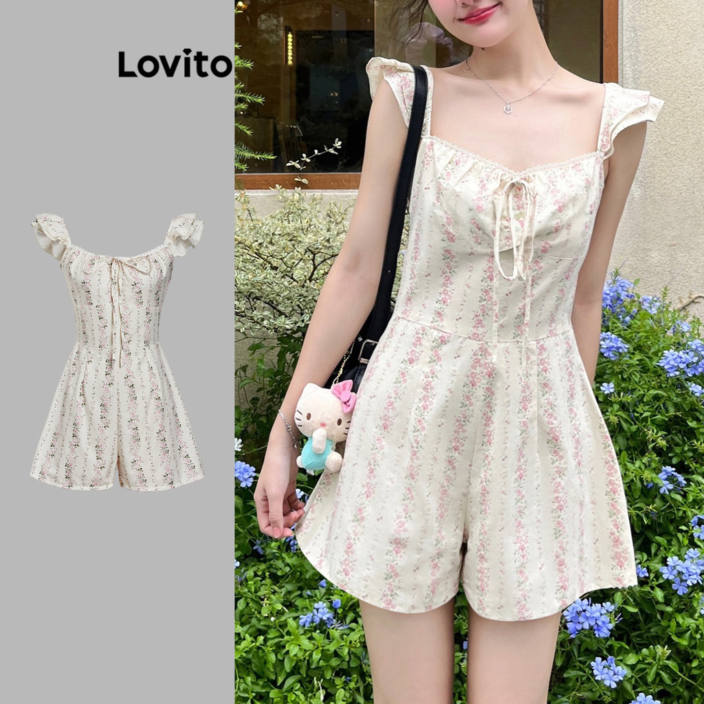 (KOL‘s pick) Lovito Bộ đồ liền thân cổ bèo nhún họa tiết hoa giản dị ...
