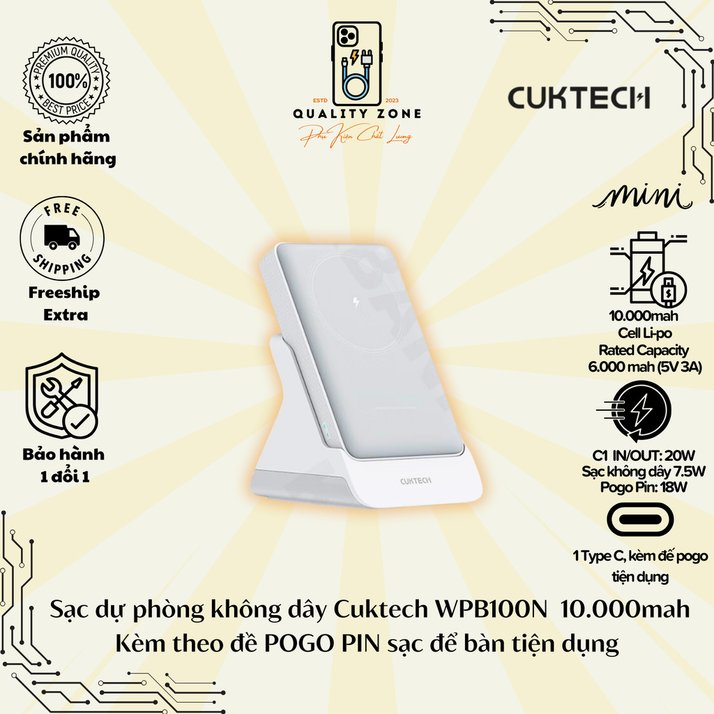 Sạc dự phòng không dây Cuktech 10000mah Model WPB100N, kèm đế POGO PIN, hỗ trợ sạc nhanh 20W ...