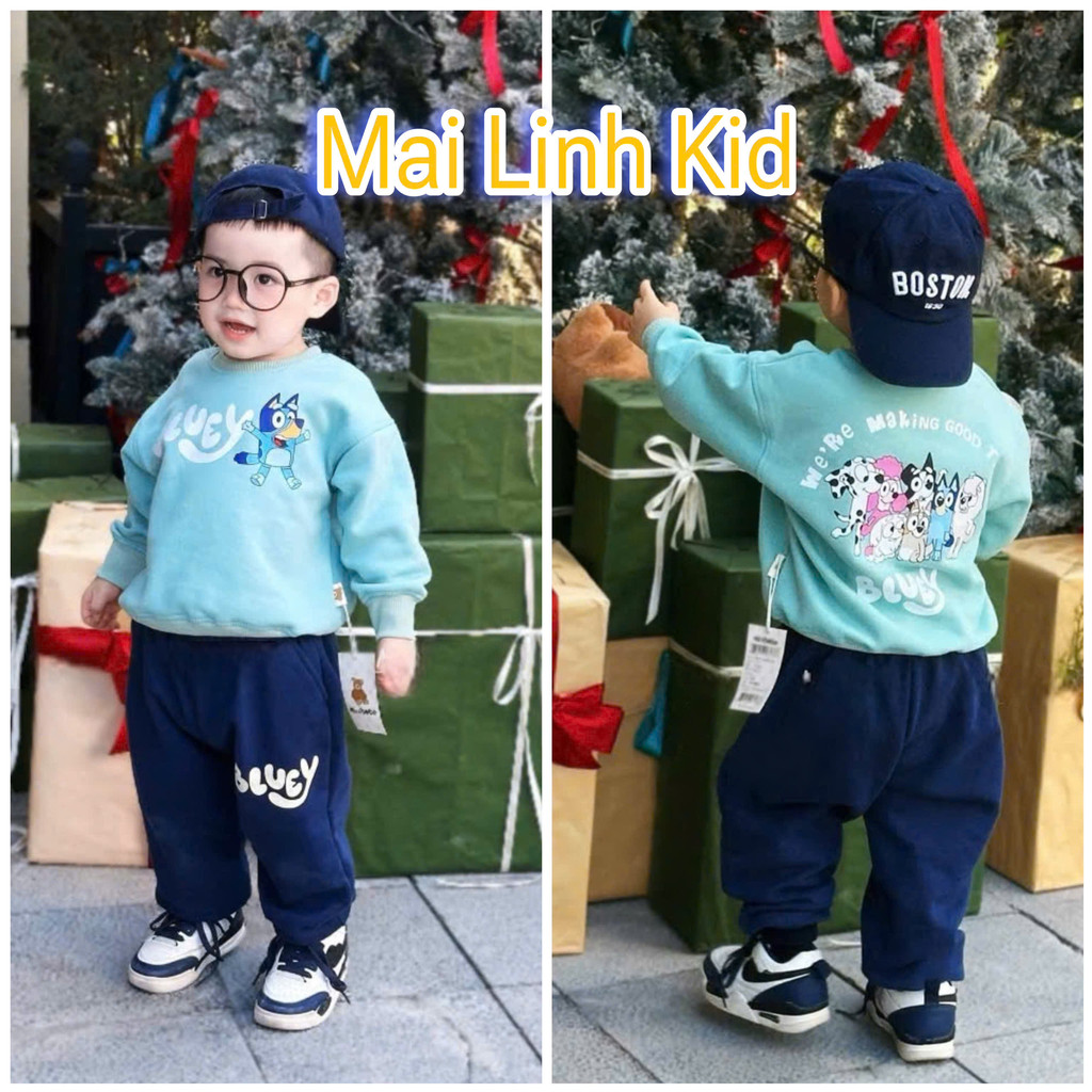 BN228 (9-27kg) -Bộ nỉ thu đông bé trai vải nỉ bông BLUEY xanh mint ...