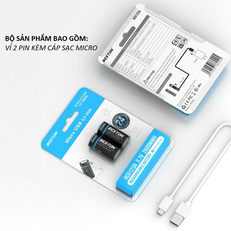 Vỉ 2 pin sạc CR123A 16340 3.7V Beston 2600mWh Li-ion cổng micro USB cho ...