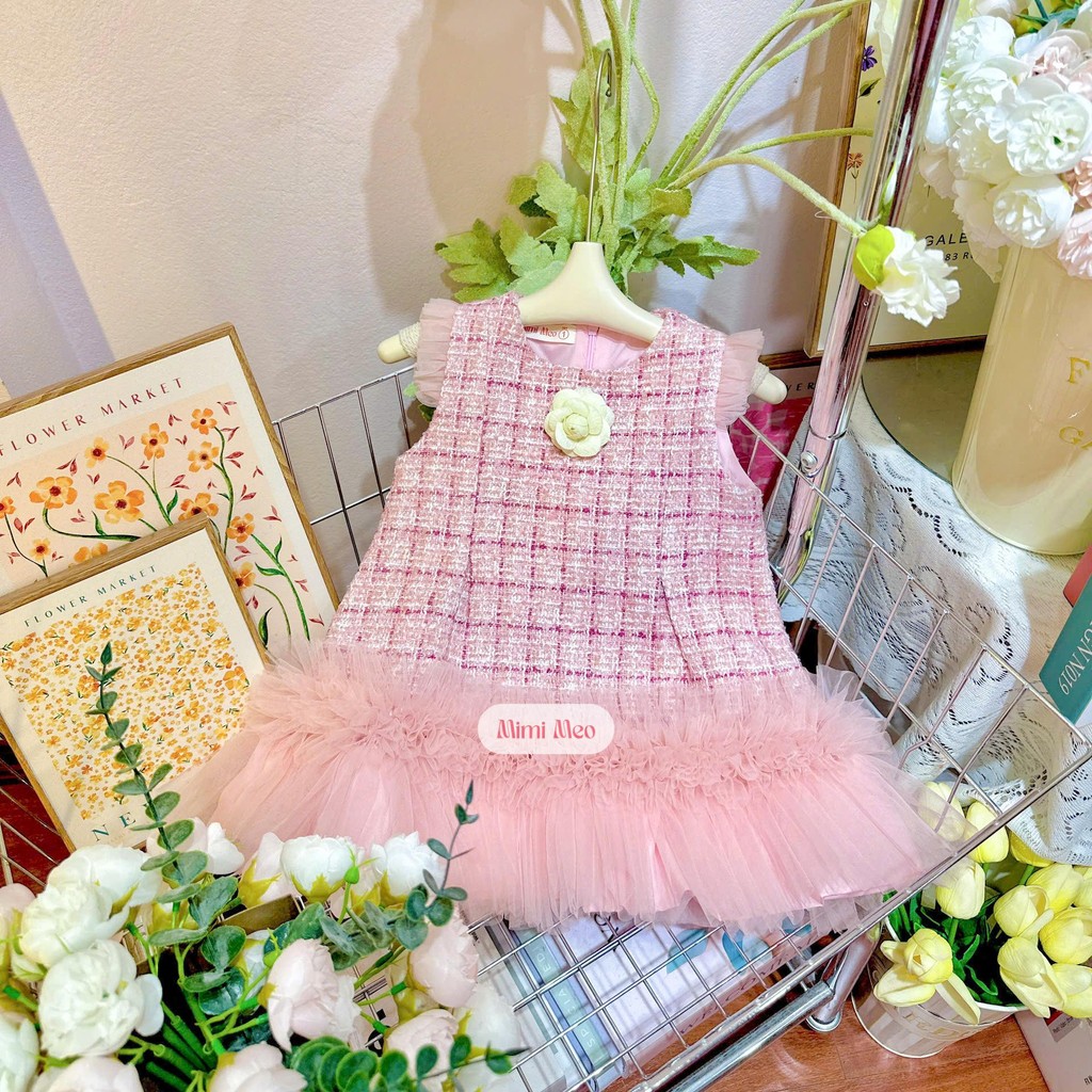 [Mimi Meo - TD263] Váy dạ bé gái size 9-34kg - Váy dạ phối lưới dễ thương - Hoa trà gắn áo ...