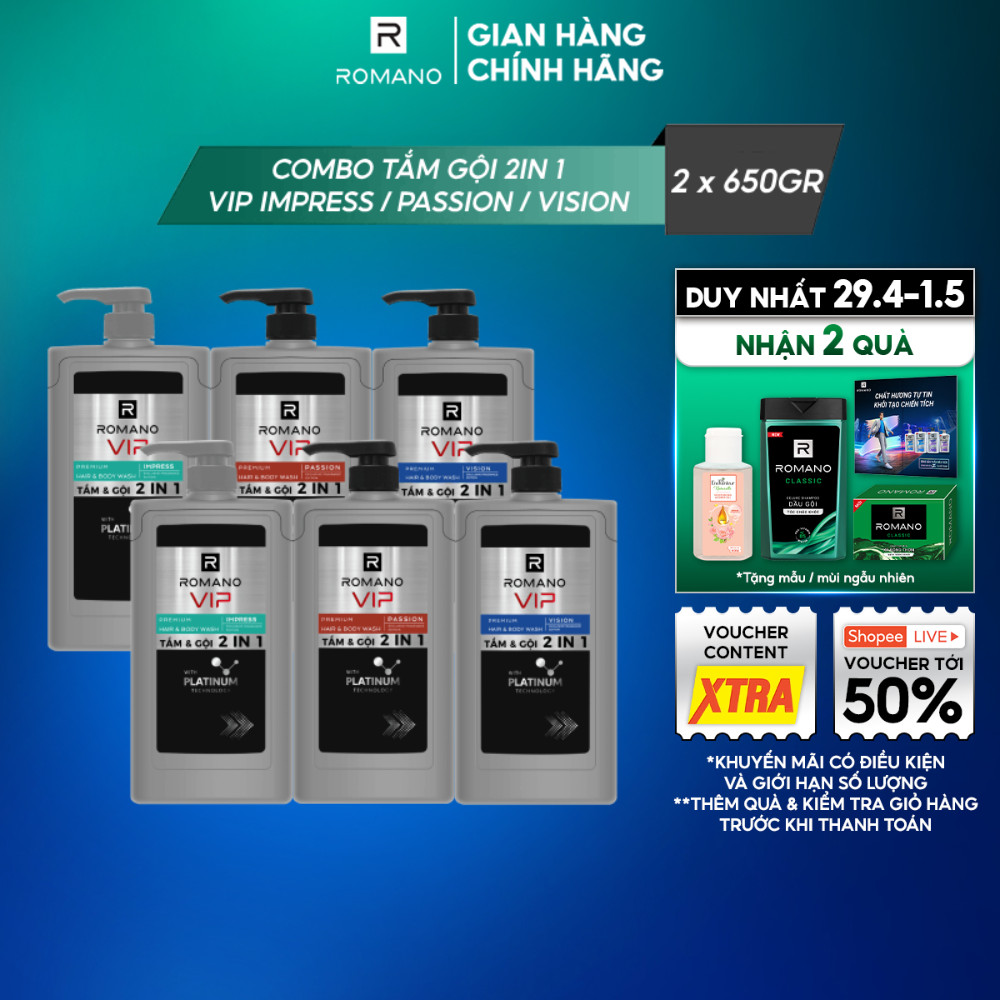 Combo 2 Tắm gội cho nam 2 trong 1 Romano 2in1 VIP Passion / Vision ...