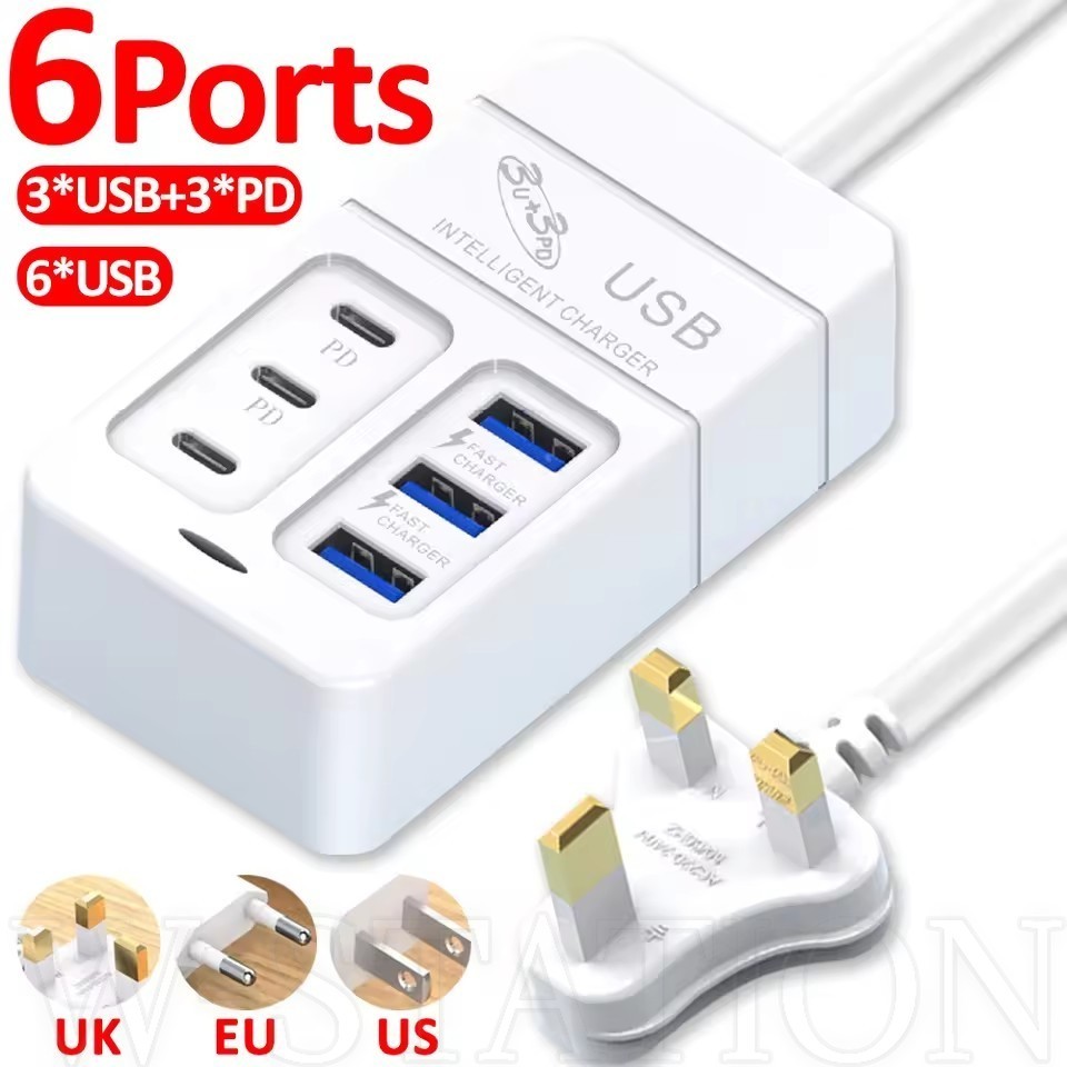 Bộ sạc du lịch USB 6 cổng PD - Hub treo tường sạc nhanh 35W - Ổ cắm điện dây nối dài Vương quốc ...