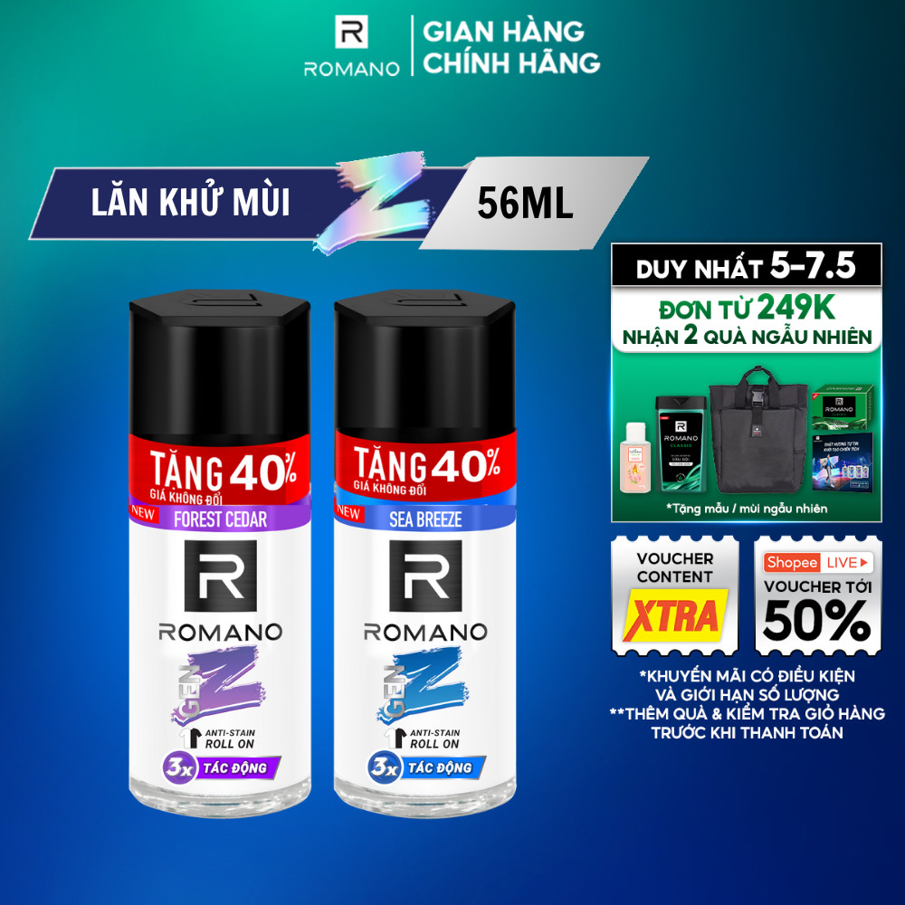 [TĂNG 40% DUNG TÍCH] Lăn khử mùi nam ngăn vệt ố vàng Romano Gen Z 56ml | Shopee Việt Nam