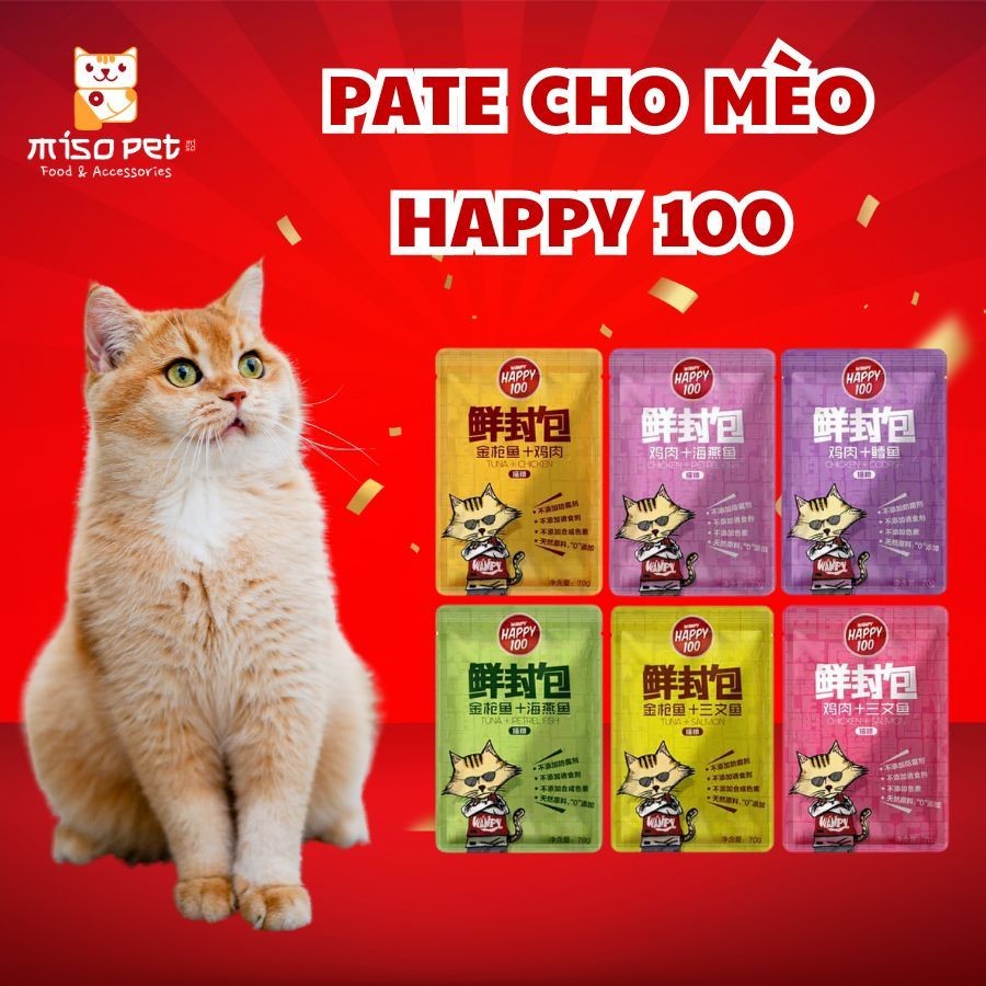 Pate Happy 100 Cho Mèo Gói 70g, Pate Cho Mèo 6 Vị Hấp Dẫn Nguyên Liệu ...