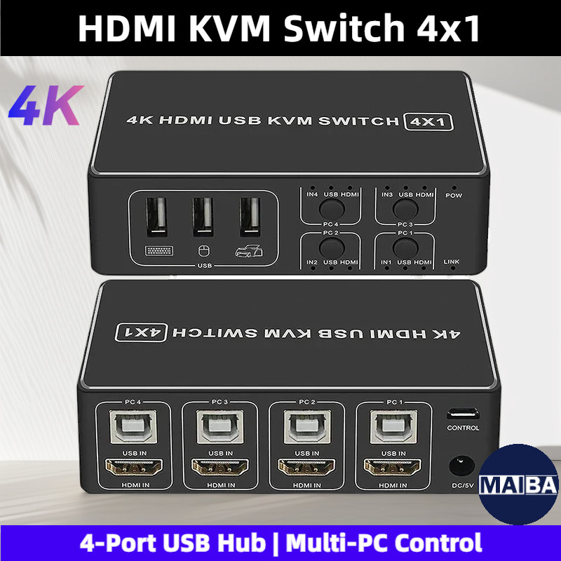 4K 60Hz HDMI KVM Switch 4x1 | 4-Port USB Hub | Multi-PC Control ...