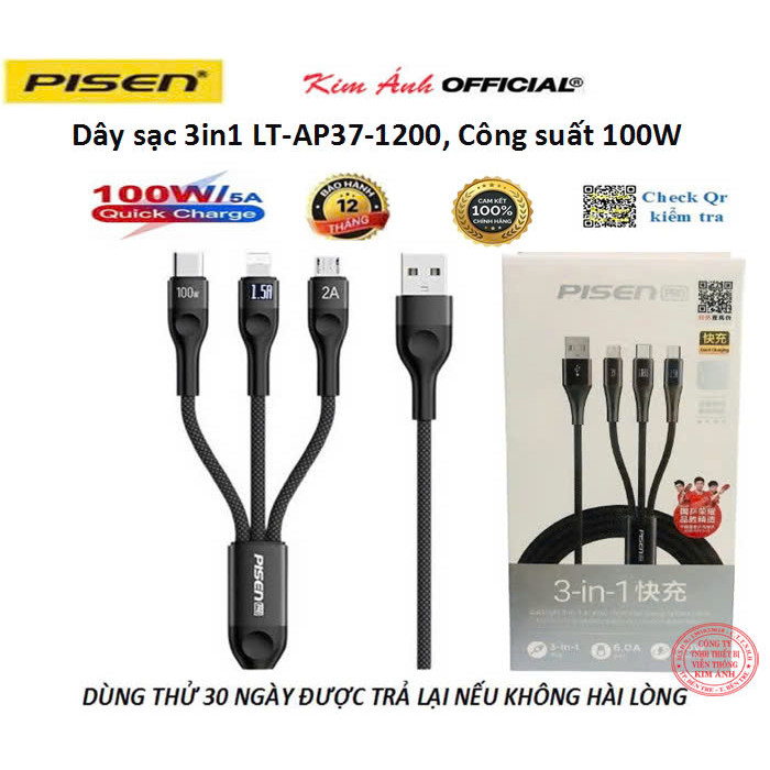 Dây sạc Pisen LT-AP37-1200, Công suất 100W, 3in1 (L/ Type-C/ Micro) dây ...