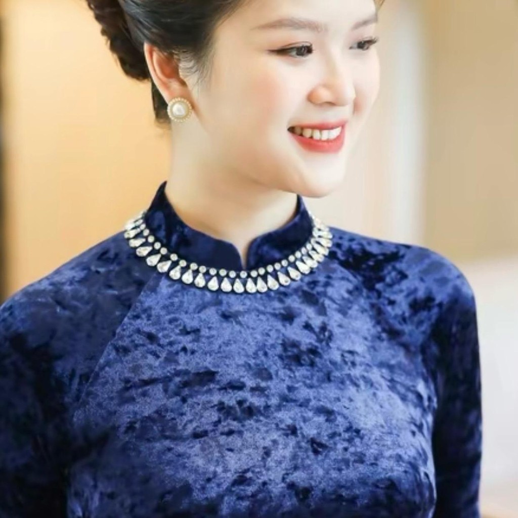 Ao nhung nhám kết hạt quanh cổ cổ 2 phân truyền thống, tay lỡ kết hợp ...