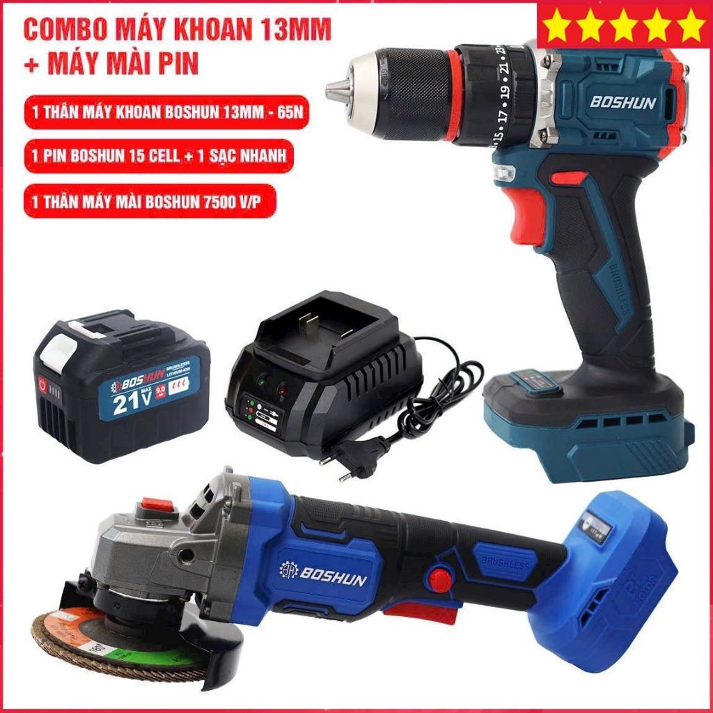 COMBO MÁY MÀI PIN + MÁY KHOAN PIN BOSHUN BS-ID1365BL, KHÔNG CHỔI THAN ...