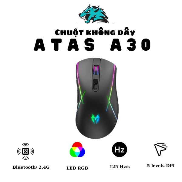 Chuột gaming không dây A30 - 3 chế độ kết nối - Led RGB - Thiết kế công thái học - Dung lượng ...