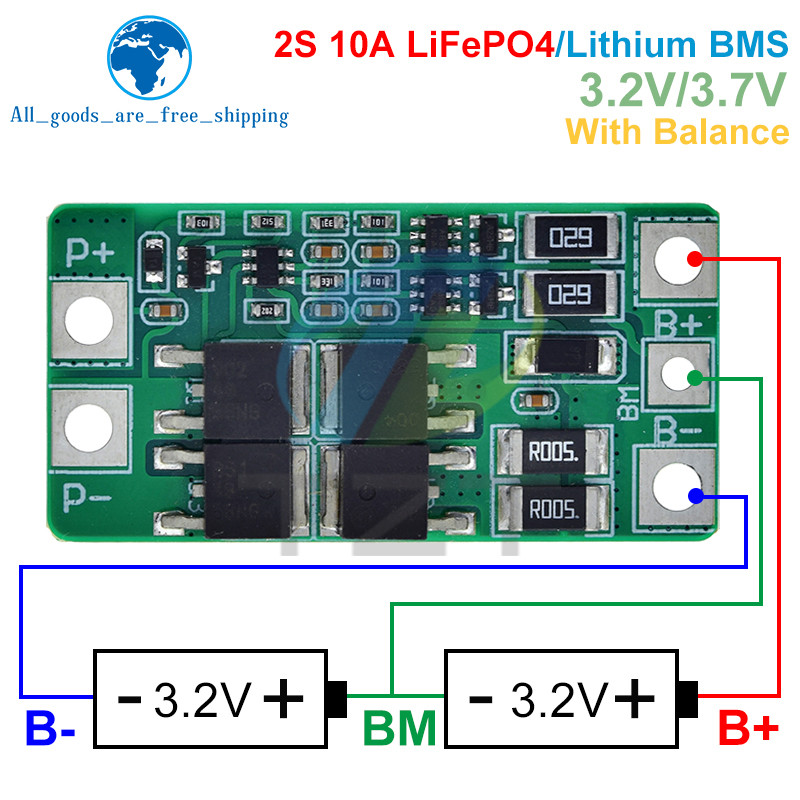 BMS 2S 3.2V 3.7V 10A LiFePO4 / Pin Lithium Cân Bằng Sạc Ban Bảo Vệ 6.4V ...