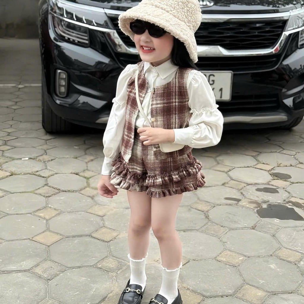 G132 Tiny Winy - Sét 3 chi tiết kẻ caro nâu dễ thương cho bé gái ...