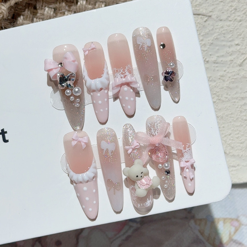 Sweetcore Hồng Nơ Chấm Bi Váy Pháp Bấm Vào Móng Tay Dễ Thương 3D Teddy ...