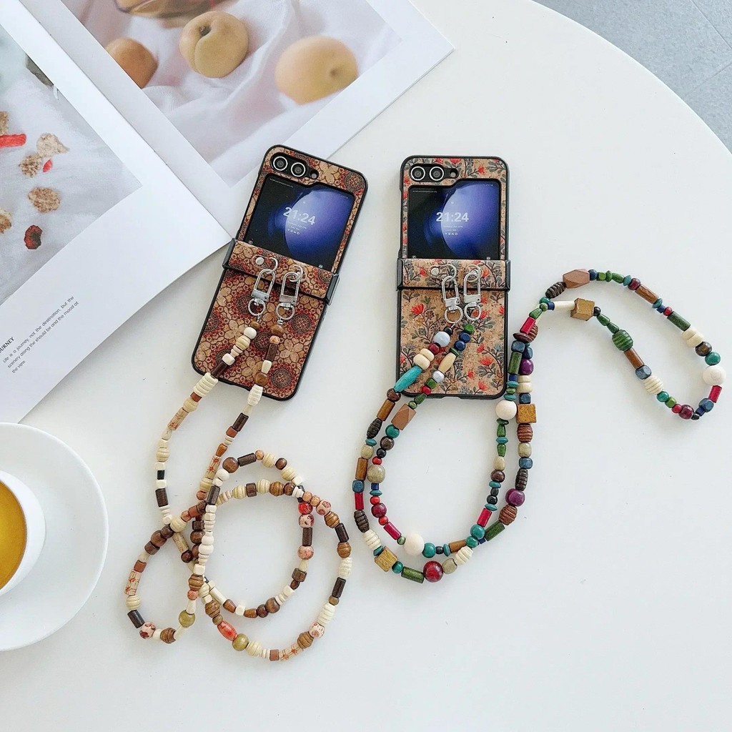 Dây Đeo Ngang Retro In Hoa Bao Da Với Hạt Lấp Lánh Cho Samsung Galaxy Z Flip 6 5 4 3 Da PU Vỏ ...