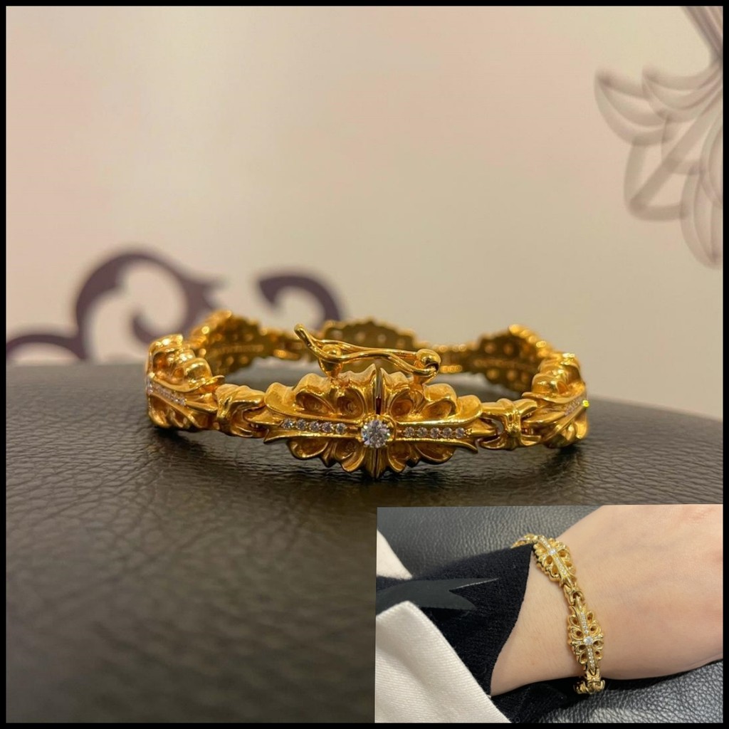 CHROME HEARTS 22K Mạ Vàng Kim Cương Đính Hoa Chữ Thập Vòng Tay 20CM ...