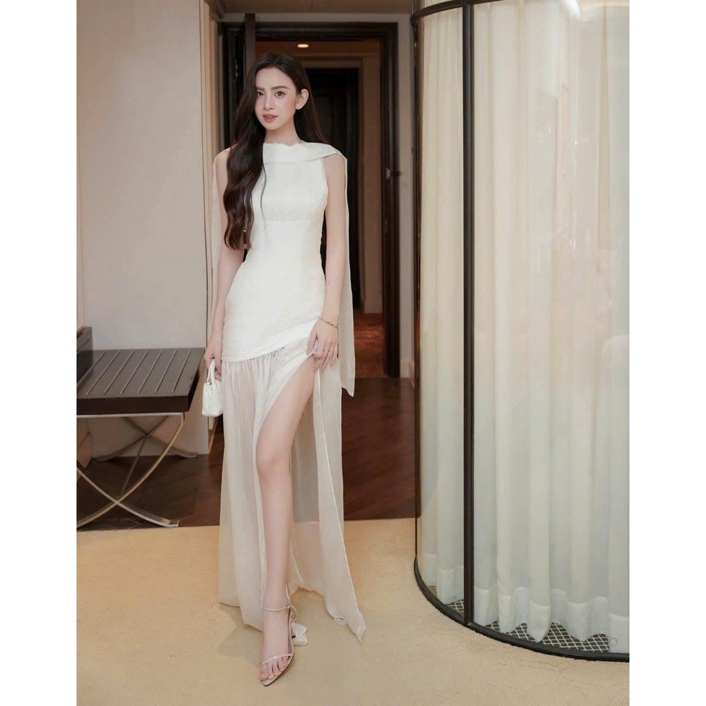 Đầm Dự Tiệc Dáng Dài Tay Ngắn Xẻ Tà Phối Voan Tơ Màu Trắng Sang Chảnh ...