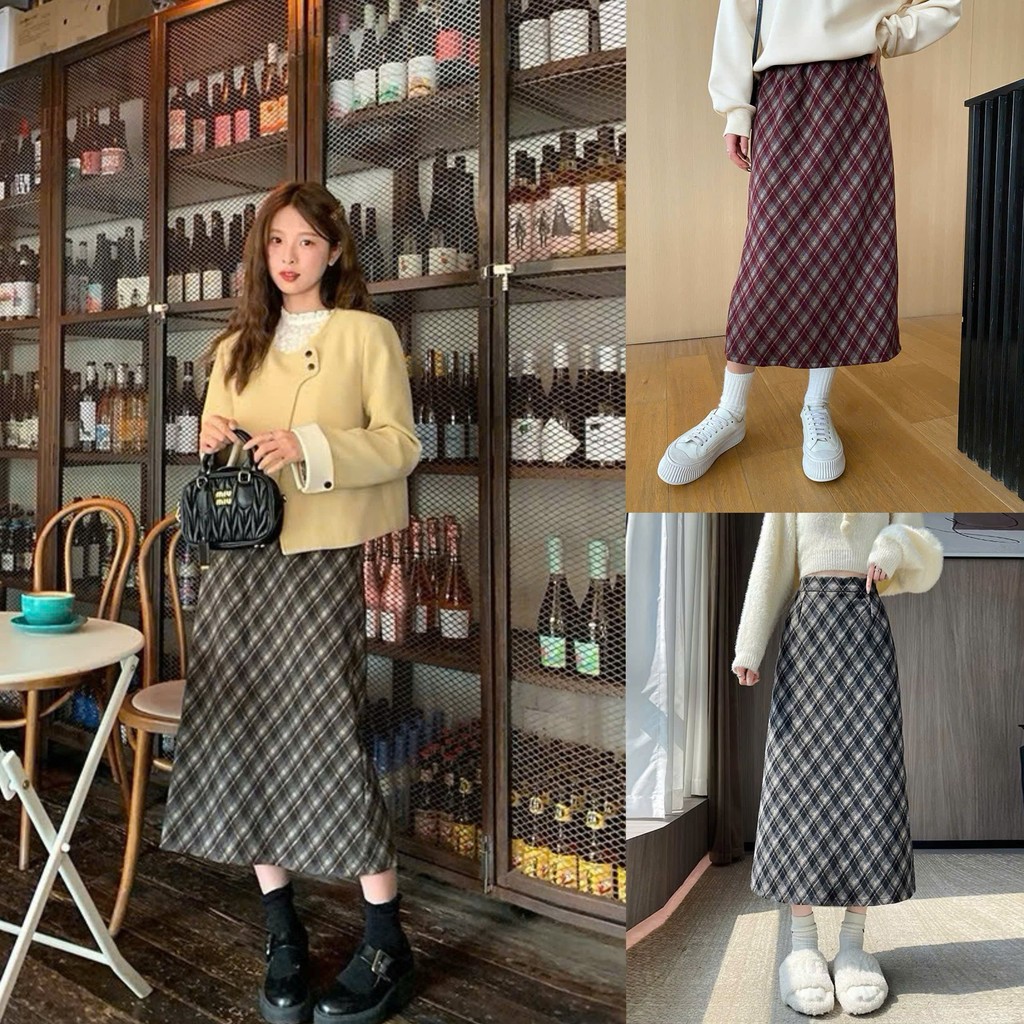Chân váy dạ kẻ caro midi form chữ A, chân váy dạ caro dáng dài cạp chun ...