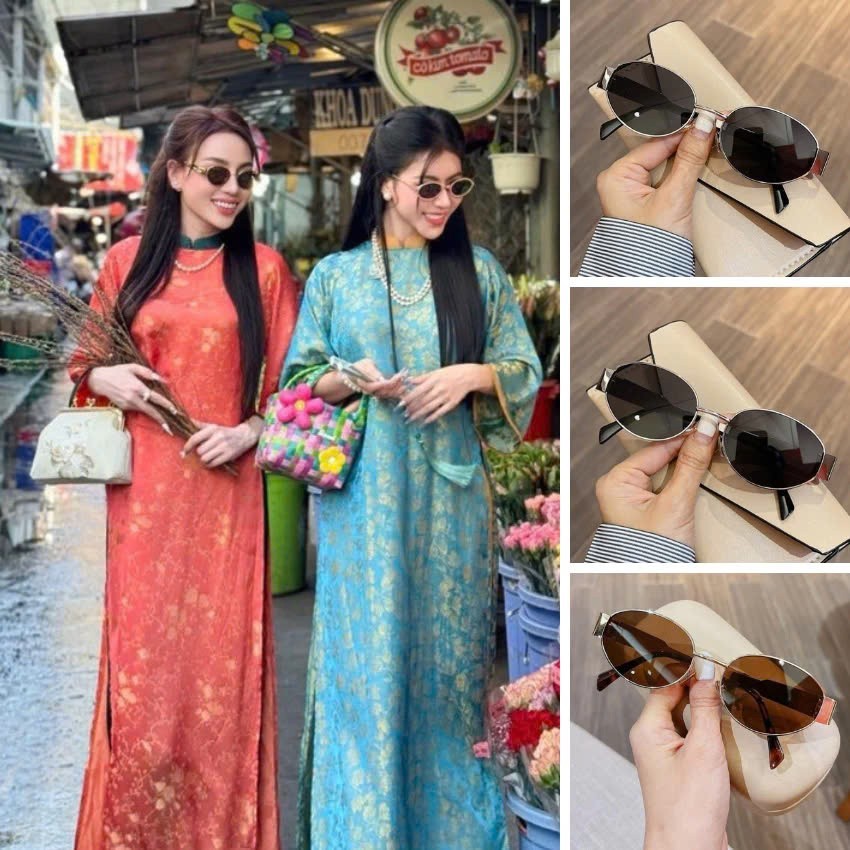 Mắt kính ngố thầy bói chụp ảnh mặc áo dài Tết 2025, kính râm mặt tròn ...