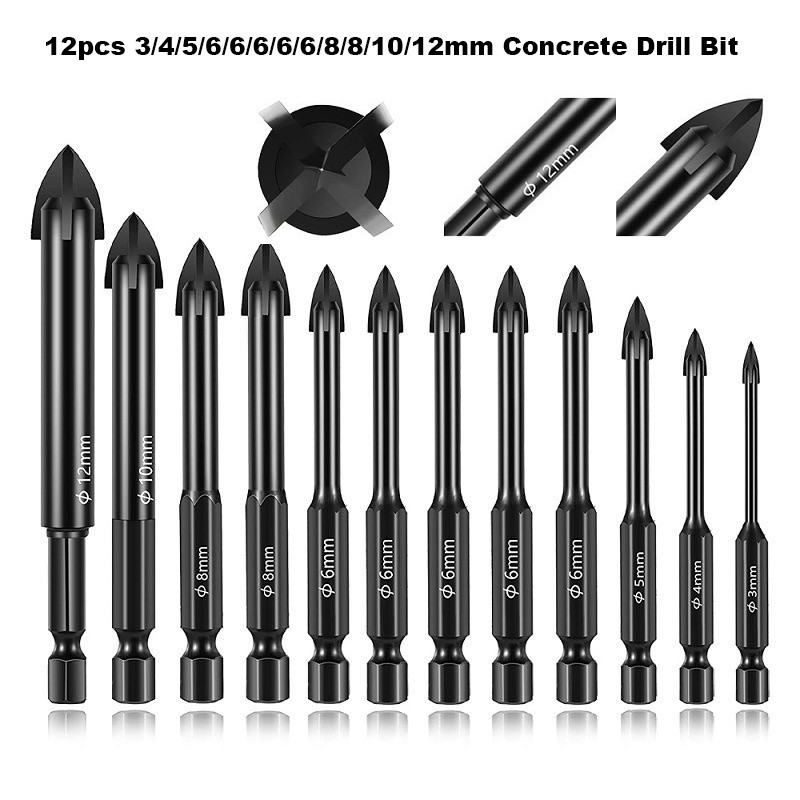 12 Mũi khoan bê tông 3 / 4 / 5 / 6 / 6 / 6 / 6 / 8 / 10 / 12mm Hex ...