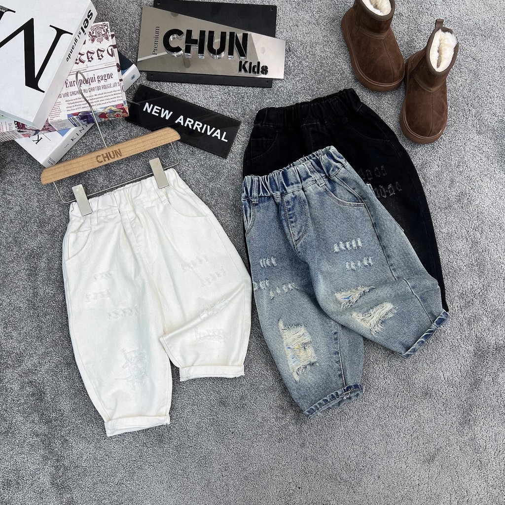 QJ323 - Quần jean nhí CHO BÉ rách xước 5 hàng 3 ô 1 túi nắp RUST a ...