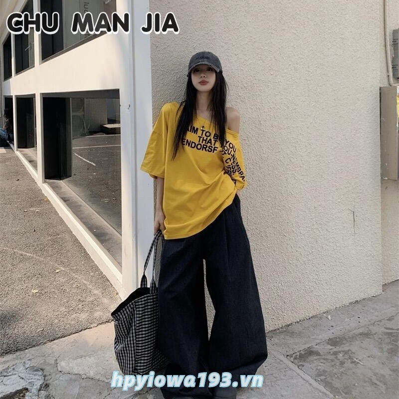 CHU MAN JIA Áo thun nữ ngắn tay nghiêng vai dáng rộng in hình gợi cảm ...