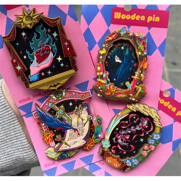 [Linh Tinh Art] Howl pin gỗ Calcifer/ Oath/ Heart in hand/ Hidden Howl ...