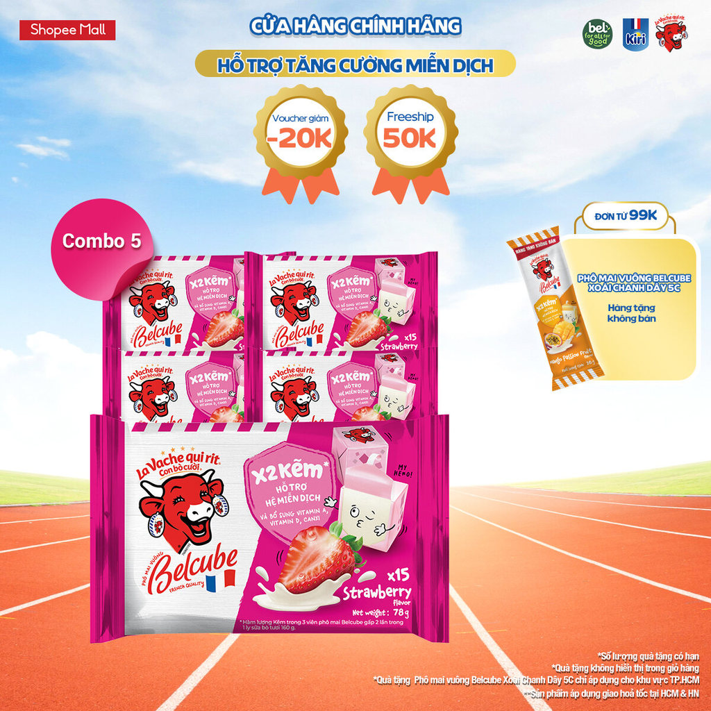 Combo 5 Phô mai vuông Belcube ngọt vị Dâu 78G x 15C | Shopee Việt Nam