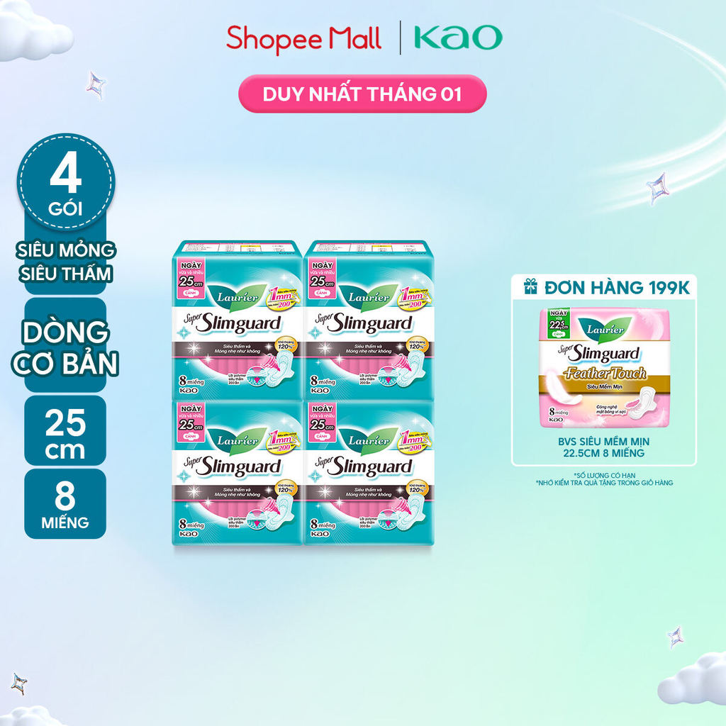 Combo 4 gói BVS Laurier siêu mỏng bảo vệ 1mm 25cm 8 miếng | Shopee Việt Nam