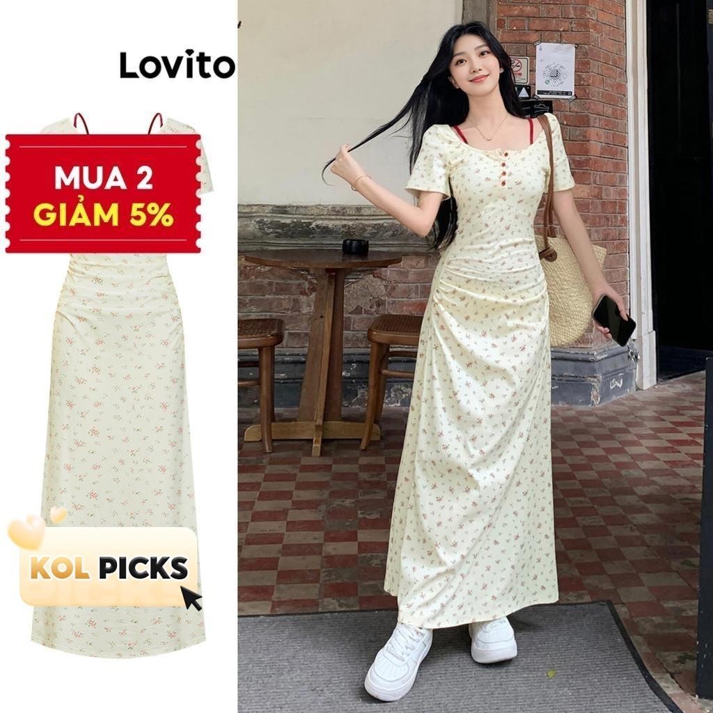(KOL‘s pick) Lovito Đầm thường ngày Nút xếp nếp hoa sọc 2In1 dành cho ...