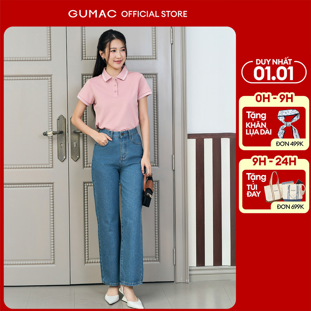 Quần jeans nữ dáng suông vừa GUMAC màu xanh đậm tôn dáng chất jeans mềm ...
