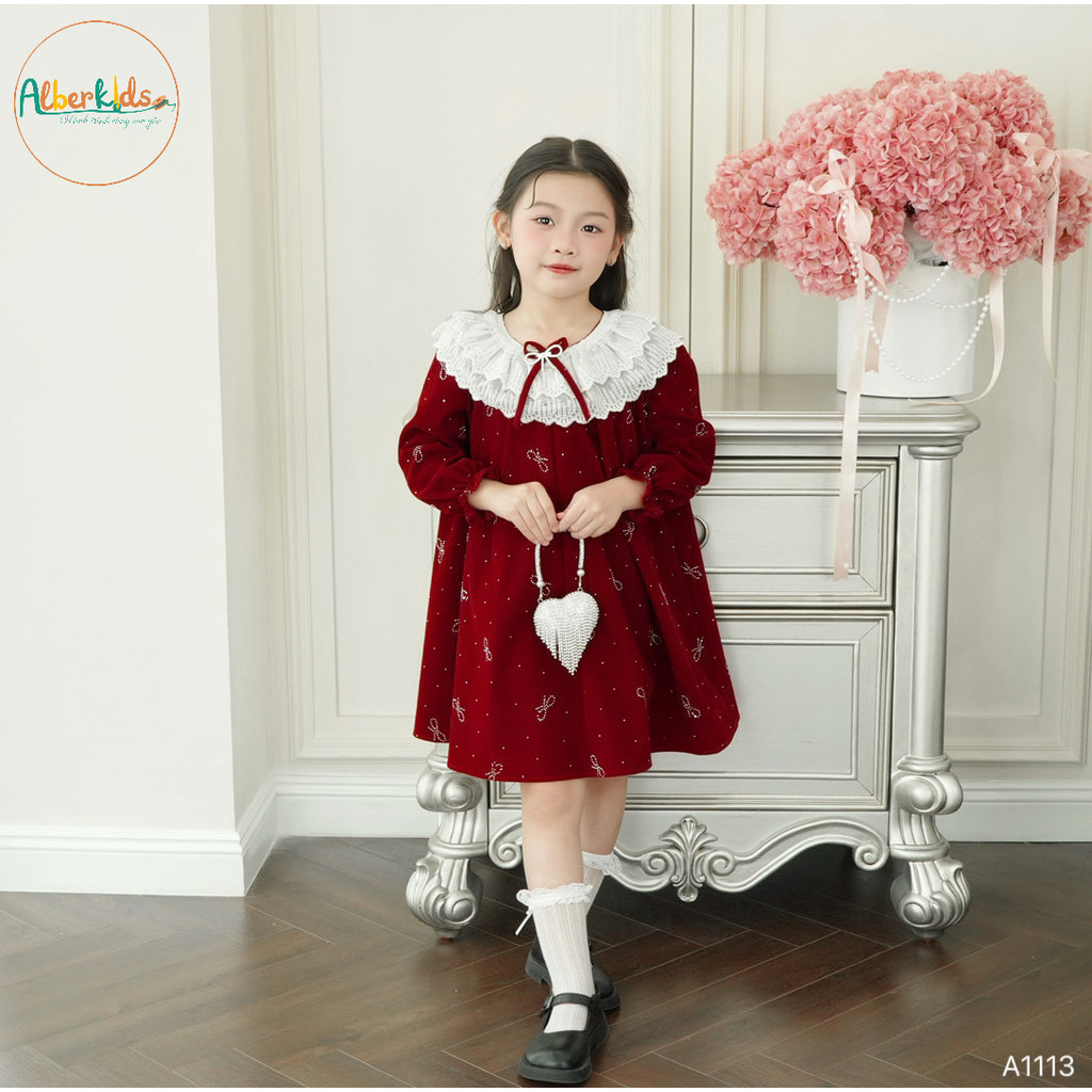 Váy bé gái ALBERKIDS nhung đính đá nơ lấp lánh cổ ren cho trẻ em 2-12 ...