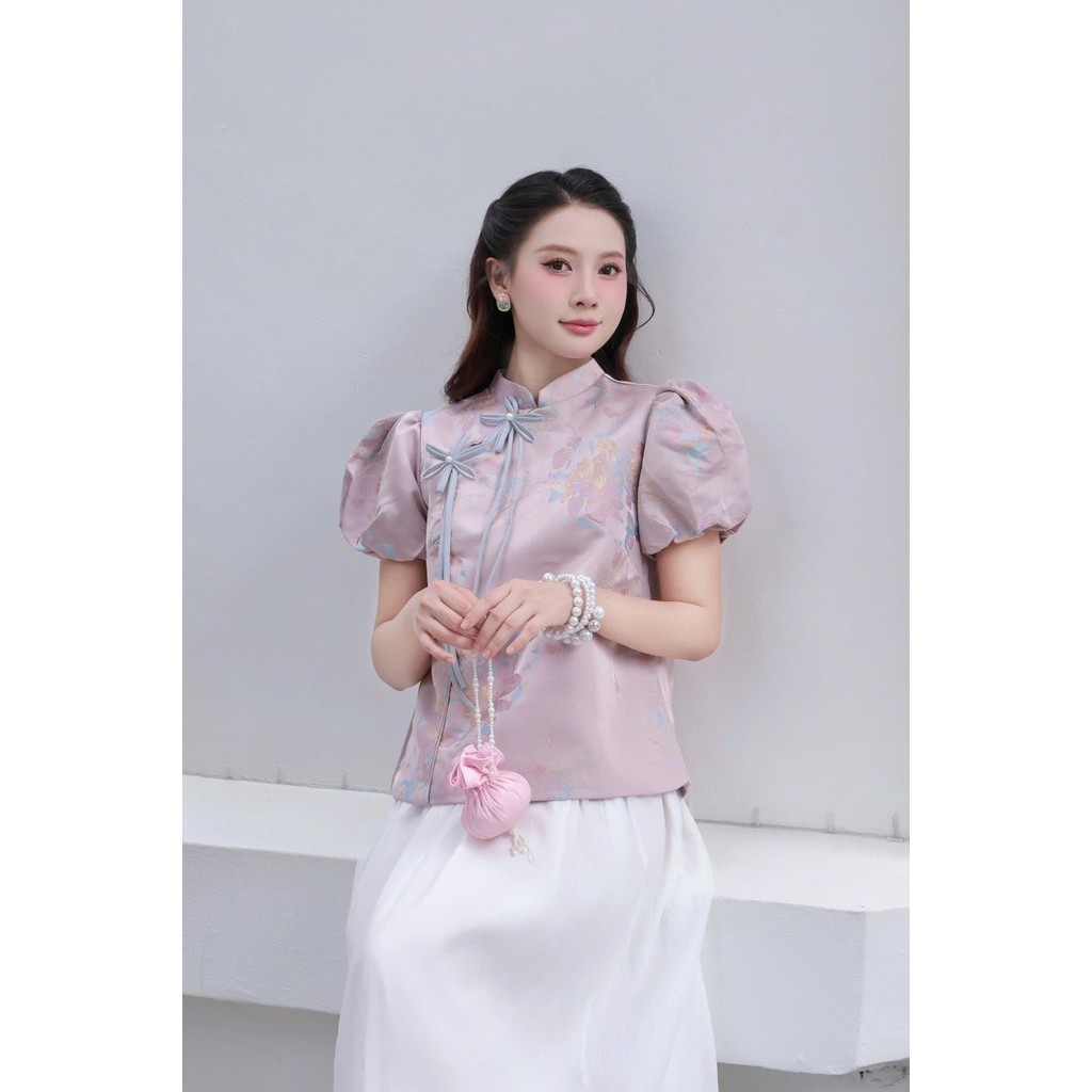 Sét áo gấm hoa tay phồng đính hoa + chân váy D0173 | Shopee Việt Nam