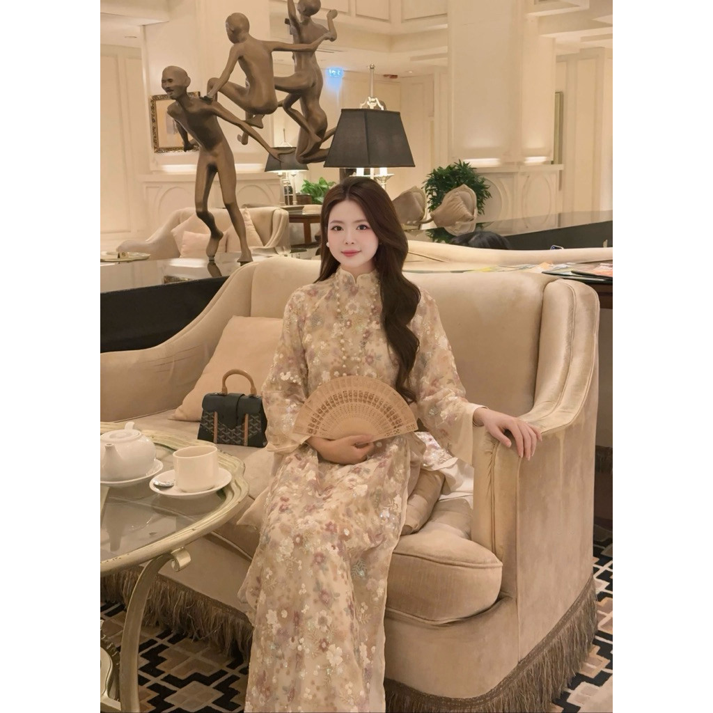 Celia Set Bộ Áo Dài Hoa Nhũ Kim Sa Cổ Tàu Phối Quần Lụa, Set Áo Dài ...