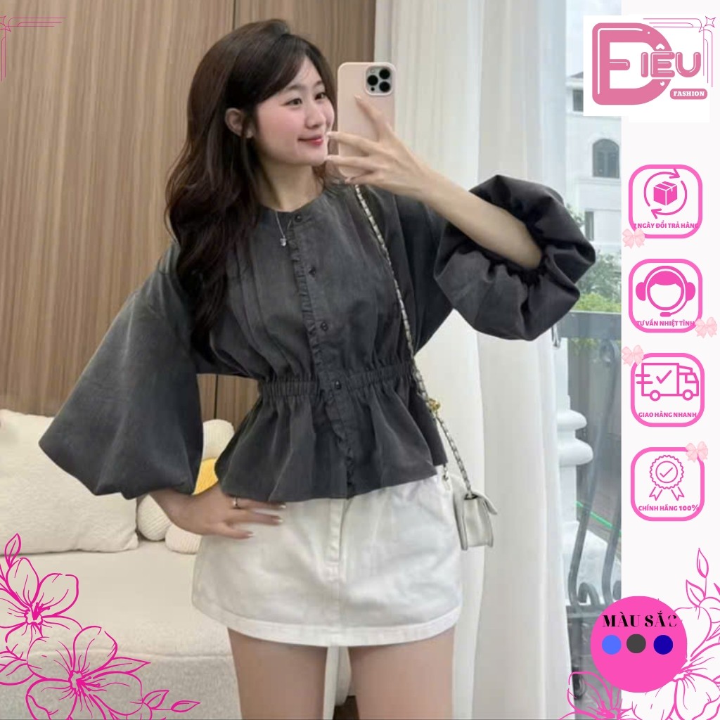 Áo Sơ Mi Tay Phồng Dáng Babydoll Chất Demin Hàn Quốc, Áo Sơ Mi Xếp Li ...