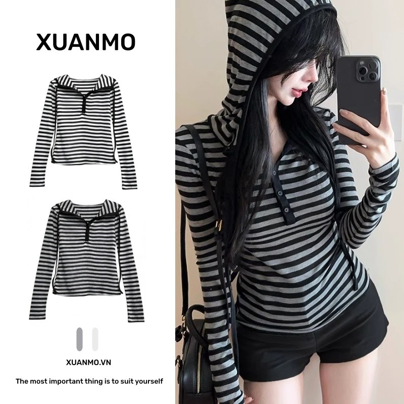 Áo phông Chai cổ nửa mở dài tay sọc Retro Áo thun tay dài Áo kiểu xinh ...