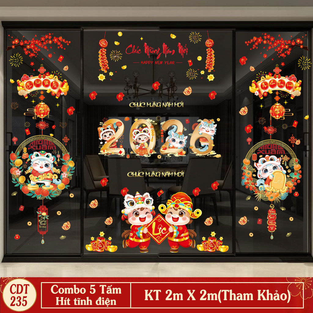 Decal Tết 2026 Hít Tĩnh Điện Combo 5 Tấm Số 2026 Bé Chúc Tết Cầm Lộc ...