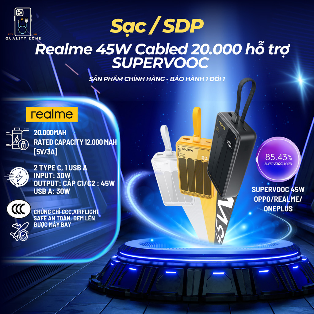 Sạc realme 45W SUPERVOOC 20000 Kèm cáp Sạc Nhanh 2 Chiều tương thích ...